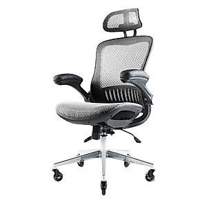 Nouhaus ErgoFlip Mesh Computer Chair - Grey Rolling Desk Chair with Retractable Armrest and Blade Wheels Ergonomic Office Chair, Desk Chairs, Executive Swivel Chair/High Spec Base