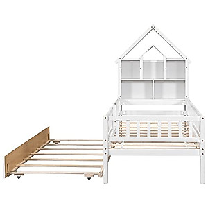 FIQHOME Twin Size Platform Bed for Kids, Twin Size Kids Bed Frame with House-Shaped Headboard, Wooden Twin Bed with Trundle and Fence Guardrails,Solid Wood House Bed for Girls Boys,White