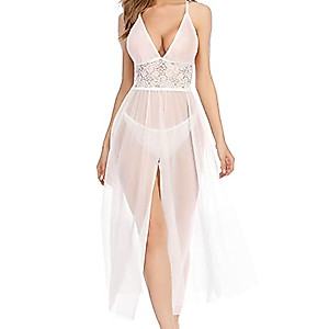 Avidlove Women Lace Babydoll Mesh Sleepwear Elegant Long Gown Sexy Halter Nightwear Split Maxi Lingerie Dress White L