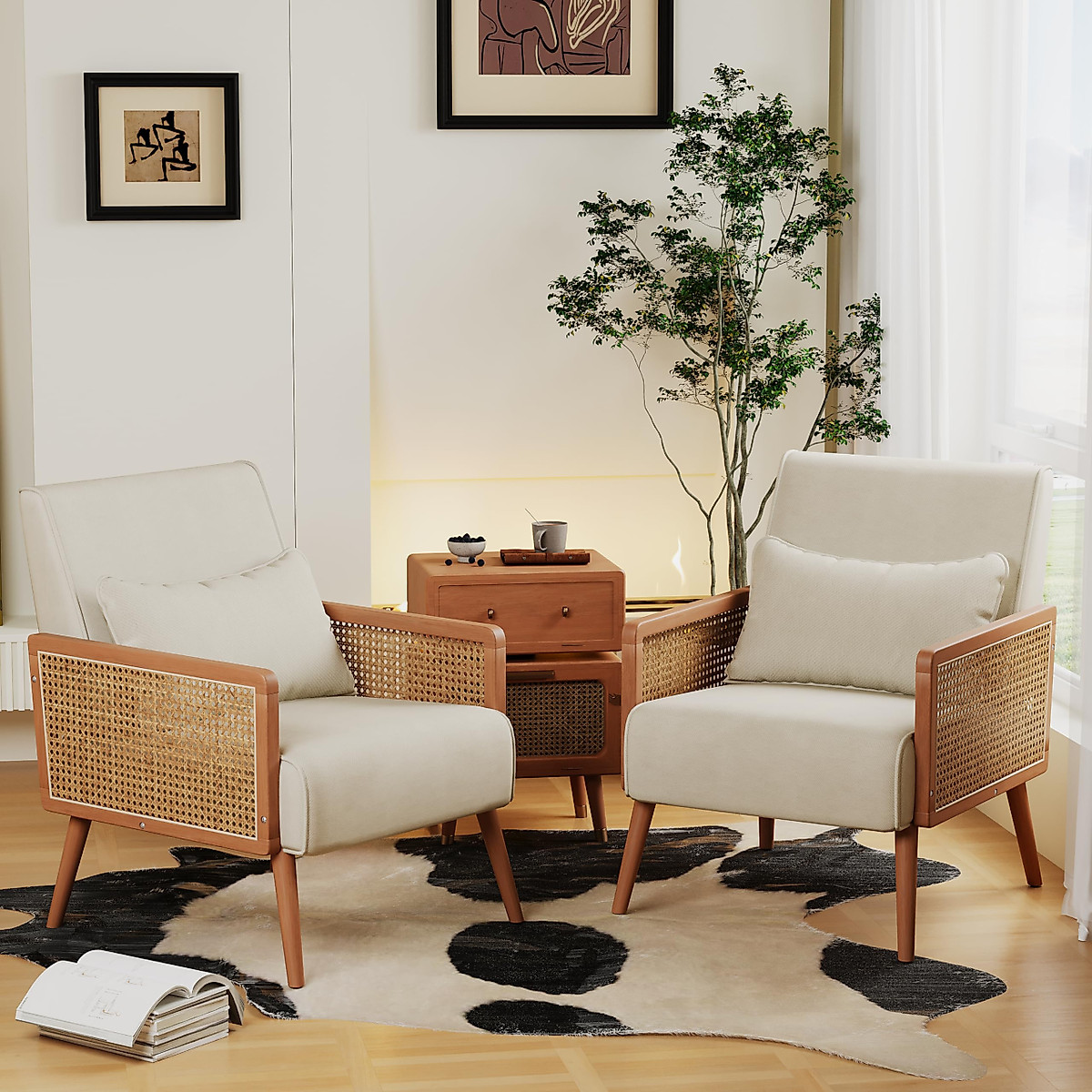 Mid Century Rattan Accent Chair Set of 2, Wooden Upholstered Leisure Armchair with Rattan Armrest, Modern Comfy Reading Accent Chair, for Living Room Bedroom Lounge Side Boho Club Chair, Beige