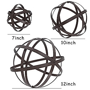 3 PCS Garden Spheres Balls Assorted Size Distressed Metal Band Decorative Sphere Folding Orbs Sculpture for Outdoor Indoor Decorations 7" 10" 12" Diameter (Rusty)