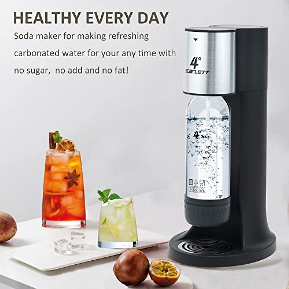 4° Sparkling Water Maker, Carbonated Water Machine and Soda Maker Machine for Home or Office, with 1.0L BPA-free Sparkling Water Bottle, Compatible with Any Screw-in 60L CO2 Carbonator(NOT Included)(Matte Black)