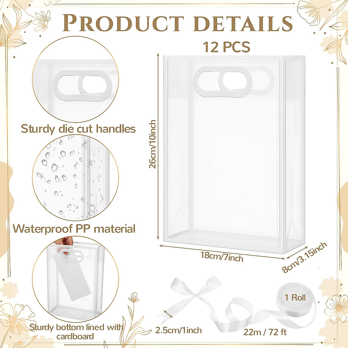 Aliceset 12 Pcs Clear Plastic Gift Bag with Die Cut Handles Reusable PP Favor Bag with Ribbon for Wedding Bridal Christmas Birthday Party Baby Shower Shopping Business, 7x10x3.15 Inch(White)