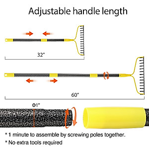 Garden Rake Metal, 12 Prongs 14" Wide Bow Rakes for Lawns Heavy Duty, Adjustable Rock Thatch Yard Rake for Leaves Gardening Loosening Soil Long Handle 32-60"