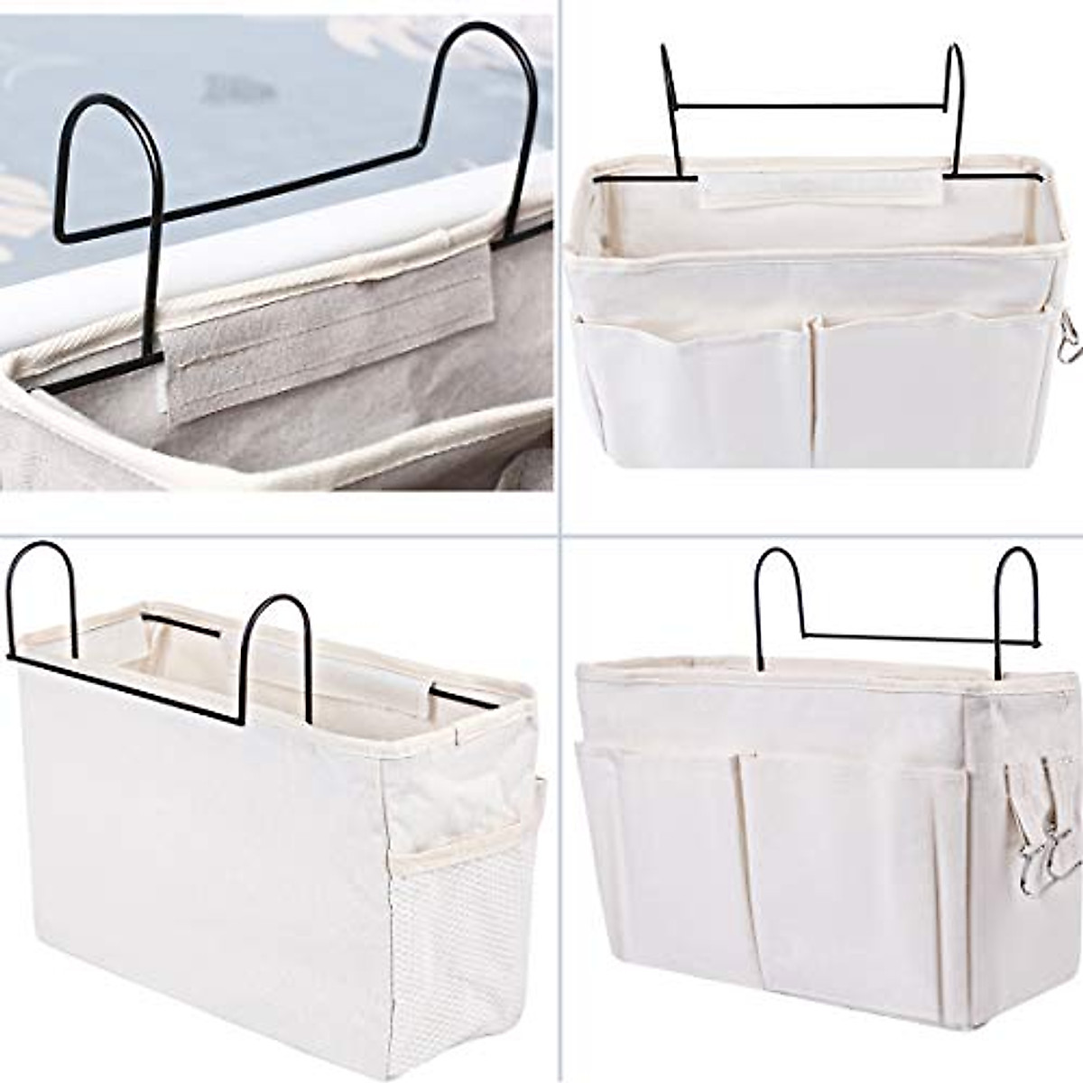 Kedoung Bedside Organizer Caddy Hanging with Hook, Bed Storage Pocket for Dorm Kids Room Top Bunk Bed Loft Bed, Bedside Storage for Phone Remote Control Laptop Books (White)