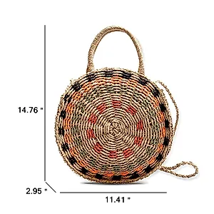 QTKJ Hand-woven Boho Women Straw Summer Beach Bag, Colorful Round Rattan Bag Cross Body Bag Shoulder Messenger Satchel (Khaki)