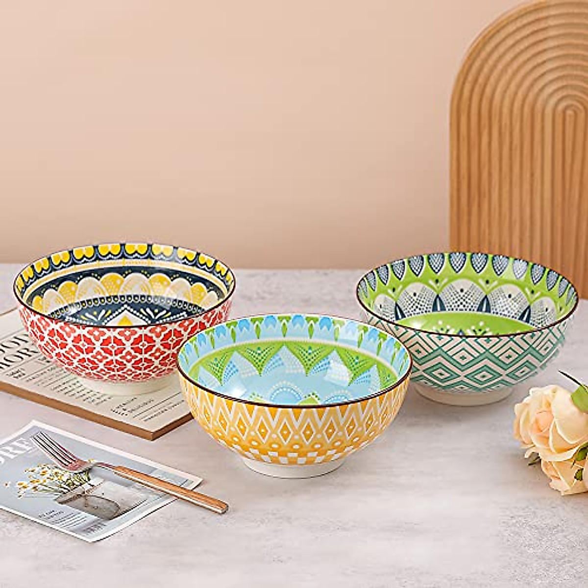 AHX Porcelain Large Serving Bowls - Salad Soup Noodle Ramen Bowls - Big Cereal Pasta Bowl Set - 3 Pack Large Capacity Ceramic Bowl sets -Microwave & Dishwasher Safe - 8inch（57oz/1.8 Quart