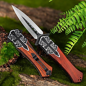 VALHALLA PASTOR 2 Pocket Knife, 3.7'' D2 Steel Cool knives, 3D Retro Embossed Folding Knife with Wooden Inlay, Pocket Knife For Men, Liner Lock, Gift for men women
