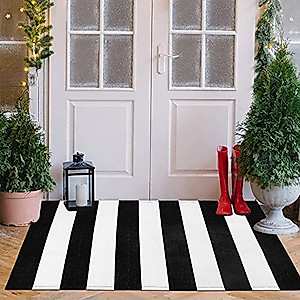 Collive Black and White Outdoor Striped Rug 27.5"x 43", Washable Layered Door Mats Outdoor,Farmhouse Front Porch Rug Decor,Cotton Woven Entryway Rugs for Welcome Mat/Kitchen
