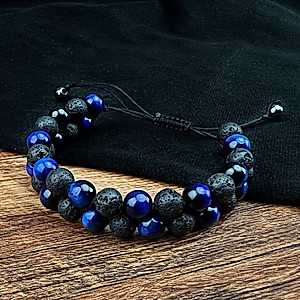 Protection Bracelet,Natural Blue Tiger Eye Black Lava Rock Stone Bracelet,Healing Bracelet for Men Women Bring Good Luck Prosperity and Happiness