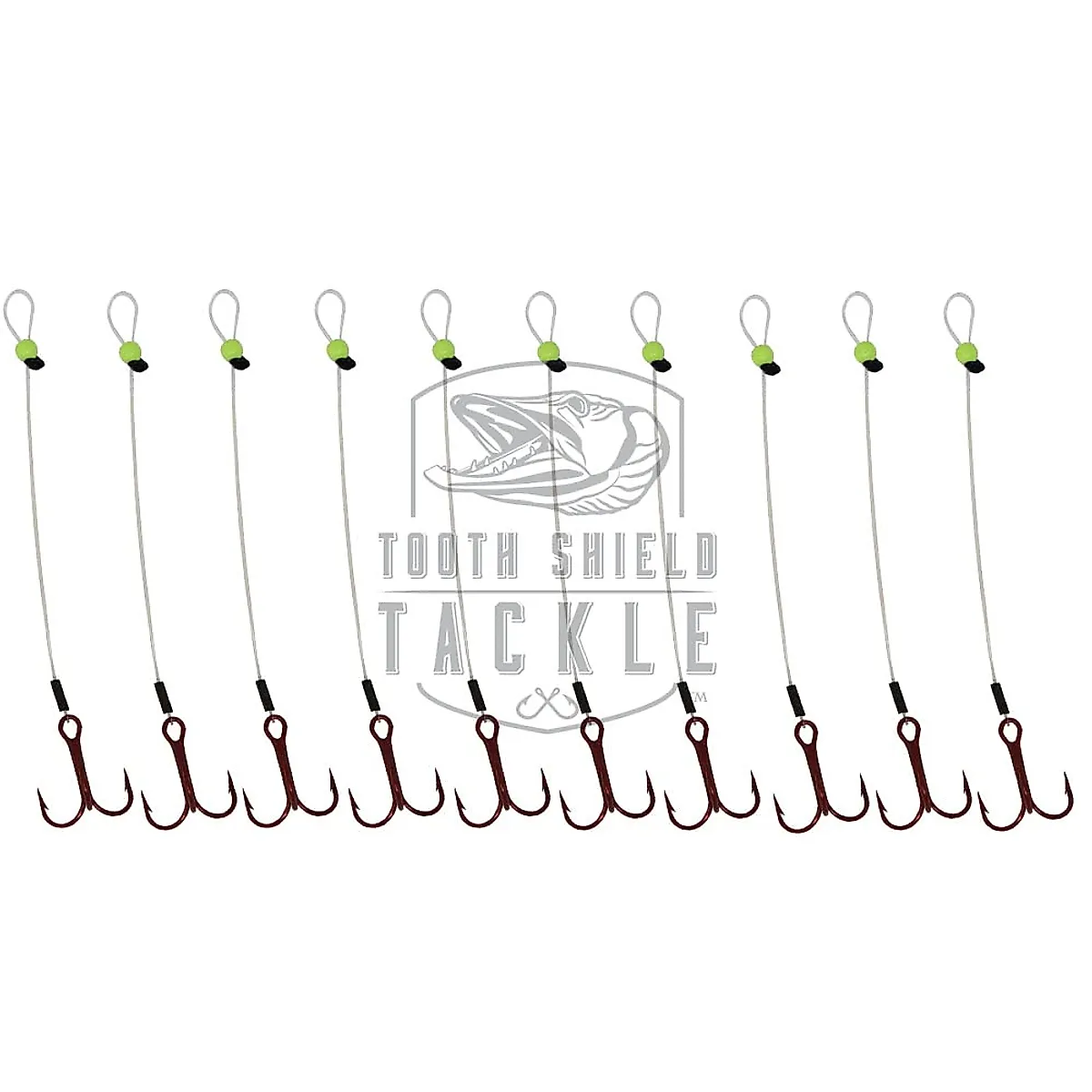 Tooth Shield Tackle 10-Pack Walleye Stinger Hooks/Trailer Hooks 15lb Fluorocarbon Leader Material Red VMC Hooks [Chartreuse] (Hook Size: 8)