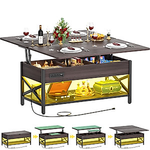 Aheaplus Coffee Table Lift Top Multi-Function Coffee Table Converts to Dining Table, with LED Light and Power Outlet, Center Table with Shelves for Living Room Reception Home Office,-S2, Espresso