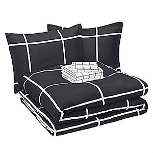 Amazon Basics Reversible Microfiber Bed-in-a-Bag with Elastic Storage Pockets -3 pcs, Full/Queen, Black Grid