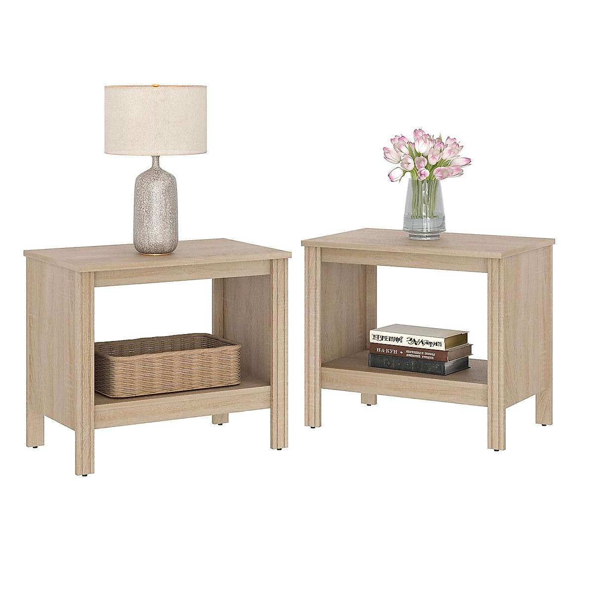 WAMPAT Nightstand Set of 2, Small Square End Tables for Living Room, 2-Tier Kids Bedside Table with Storage and Open Wood Shelf, 20 Inch Modern Side Table for Bedroom,Office,Oak