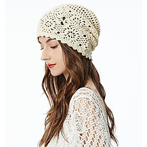 ZLYC Women Cotton Crochet Slouchy Beanie Hat Handmade Knit Cutout Summer Floral Skull Cap (Solid Beige)