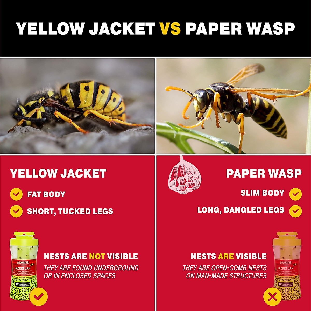 Catchmaster Yellow Jacket, Hornet, & Wasp Trap Jar 2-Pk, Reusable Bug Catcher with Attractant, Outdoor Flying Insect Trap, Wasp Killer Bug Trap, Pet Safe Pest Control for Backyard, Patio, & Shed