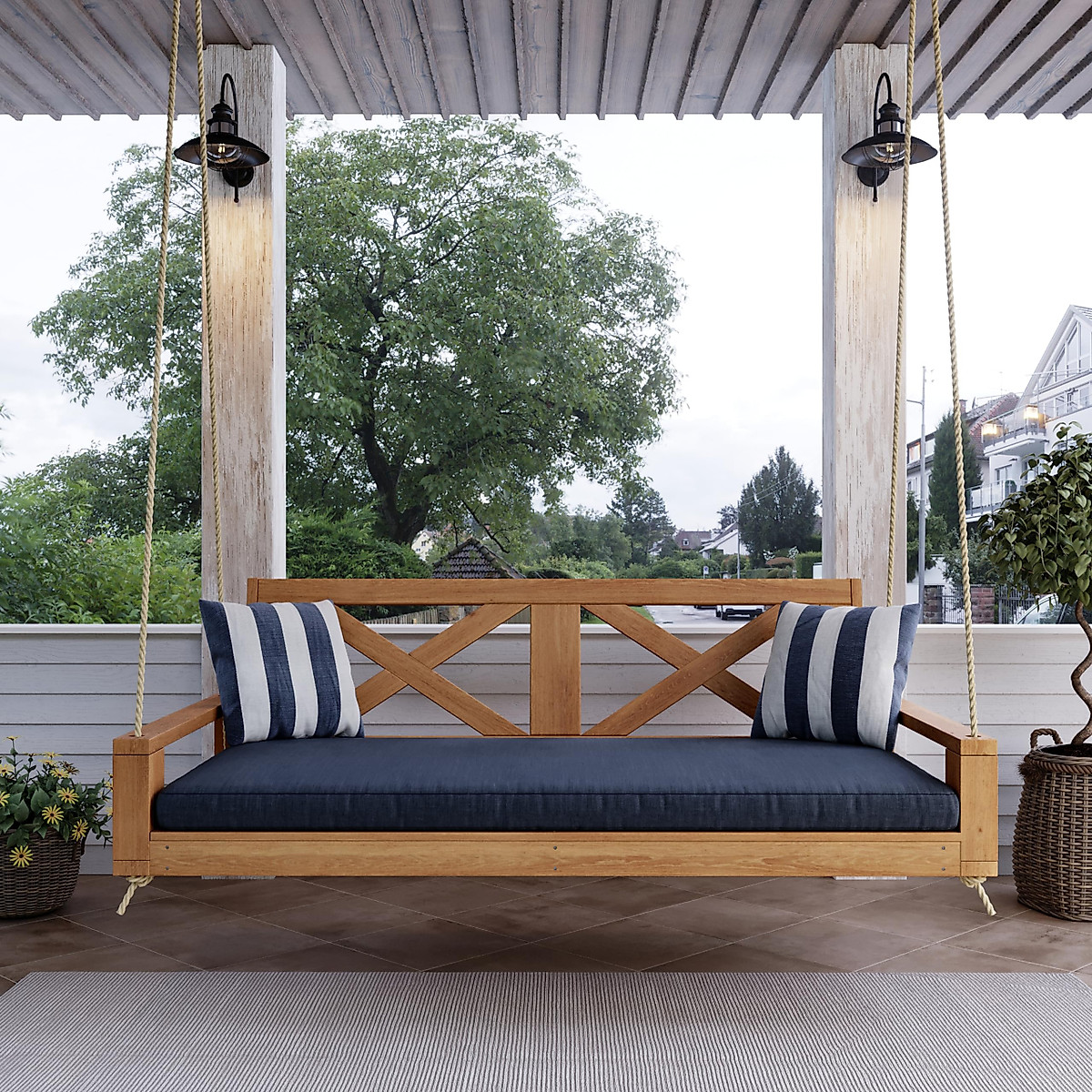 Malvern 6 Foot Wood Porch Swing Bed in Cedar Stain, Amish Handcrafted Daybed Style Swing