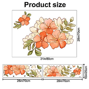 RW-6014 Romantic Orange Flowers Wall Decals Yellow Peony Rose Wall Stickers DIY Removable 3D Green Leaf Floral Blossom Plant Wall Art Decor for Kids Girls Bedroom Living Room Nursery Decoration