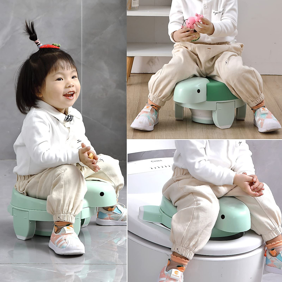 EASICOZI 4 in-1 Potty Training Toilet, Portable Potty Training Seat for Toddler Travel, Foldable Baby Travel Potty with 20 Disposable Potty Liners Carry Bags (Green)