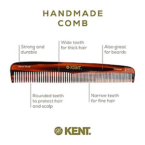 Kent 9T Tortoiseshell Fine Tooth and Wide Tooth Comb Detangler Hair Combs - Large Handmade and Saw-Cut Dressing Comb - Wet Hair Comb for Women and Durable Grooming Comb for Men Made in England