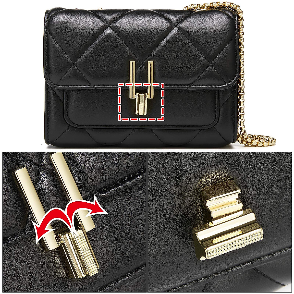 Duomier Small Quilted Purse Crossbody Bag for Womens Gold With Chain Strap Fashion Female Girl Mini 25 (Black)