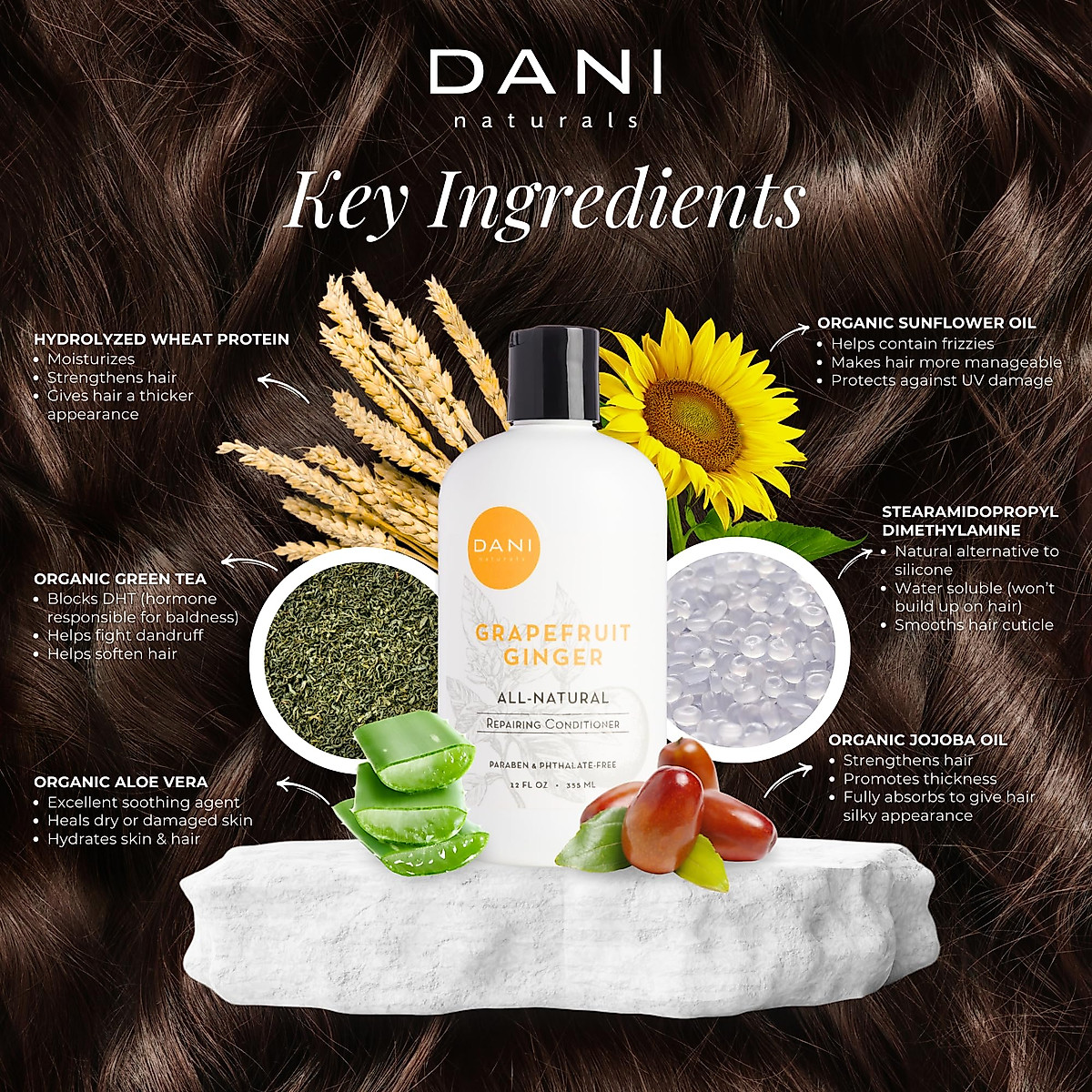 DANI Natural Nourishing Conditioner Naturals - Organic Ingredients Hydrate & Strengthen Hair - Sulfate, Phthalate & Paraben Free - Vegan & Cruelty Free - 12 Ounces (Grapefruit Ginger)