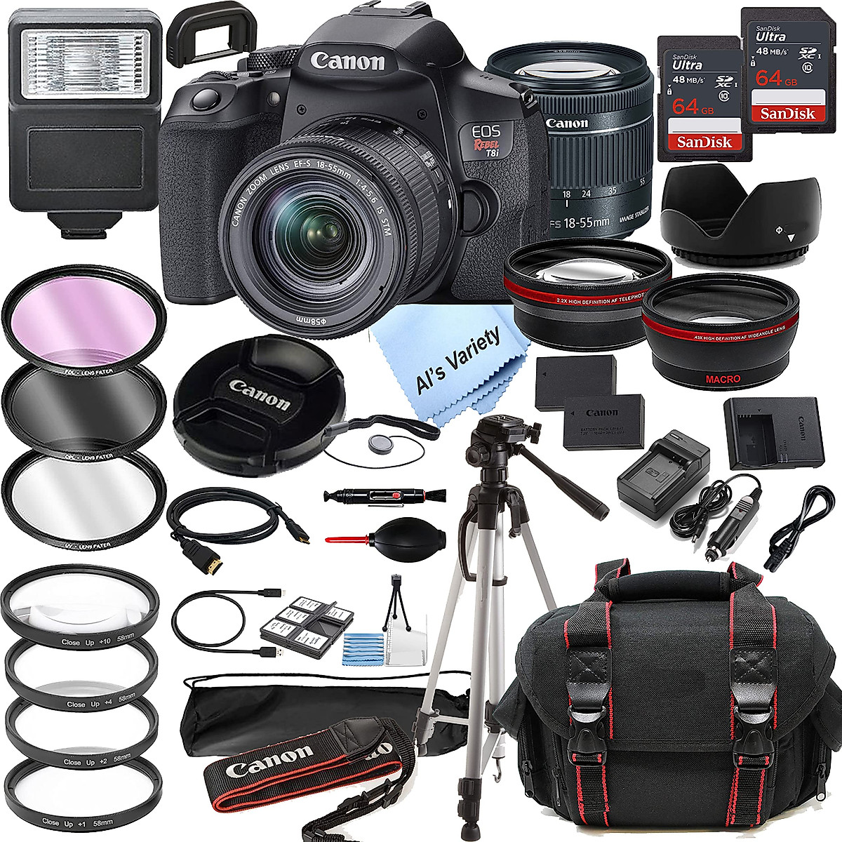Canon EOS Rebel T8i DSLR Camera w/EF-S 18-55mm F/4-5.6 STM Zoom Lens + 128GB Memory + Case + Tripod + Filters (36pc Bundle) (Renewed)