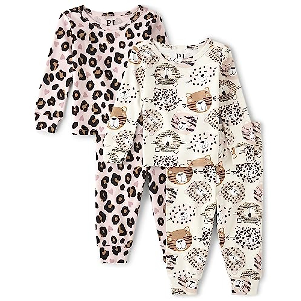 The Children's Place,and Toddler Long Sleeve Top and Pants Snug Fit 100% Cotton 4 Piece Pajama Set,CAT FACES_LITTLE LAMB | HEART LEOPARD_PETAL,18-24 Monts
