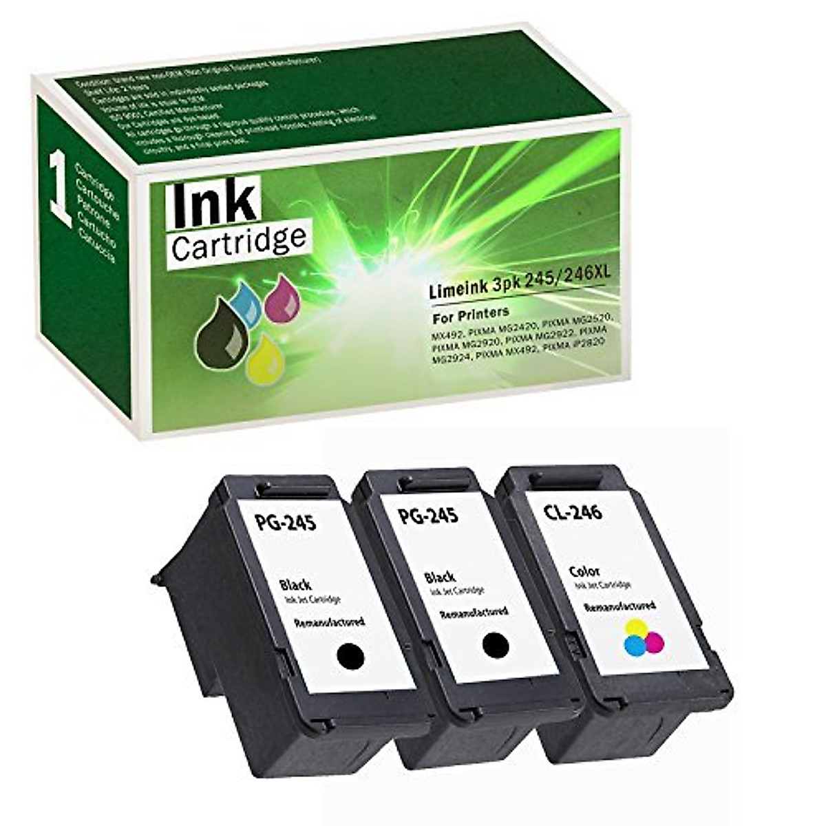 Limeink 5 Pack Remanufactured PG-245XL CL-246XL High Yield Ink Cartridges (3 Black, 2 Color) for Pixma iP2820 MG2420 MG2520 MG2920 MG2922 MG2924 MX492 Shows Accurate Ink Level