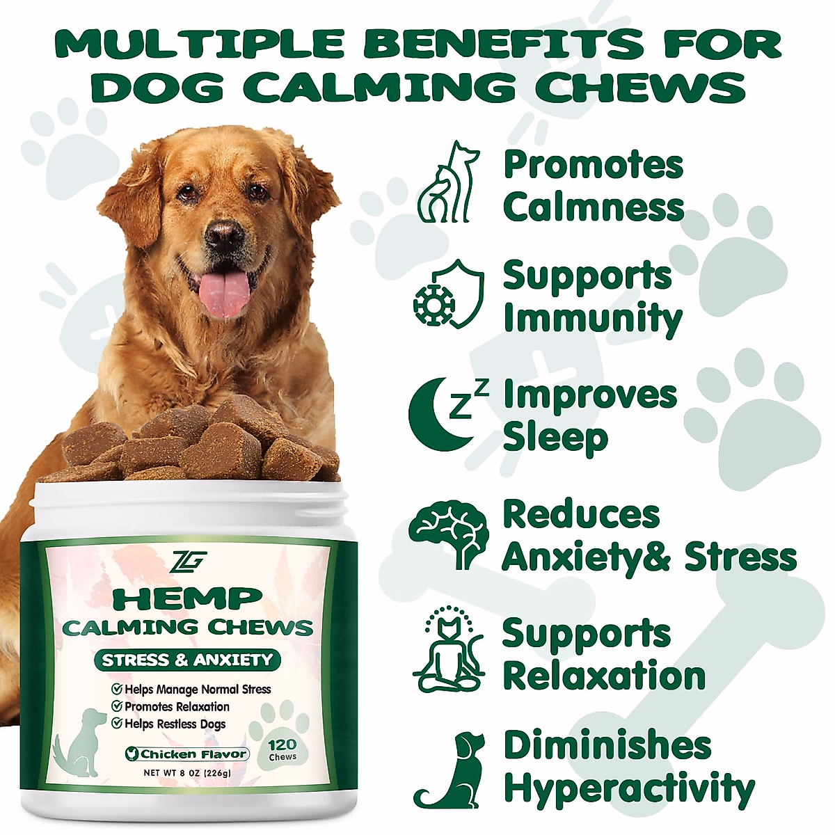 ziehooGe Dog Calming Chews - Anxiety Relief Treats, Hemp Chews for Dogs Separation, Stress Relief, Sleep Calming Aid Chicken Flavor Dog Supplements 120 Chews