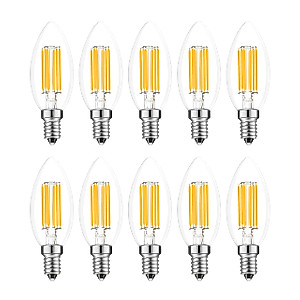 Lamsky E14 Dimmable LED Bulb,110V 600Lumens 60W Equivalent Warm White 3000K,E14 European Base Candelabra LED Bulbs,Clear Glass Torpedo Shape(10-Pack)