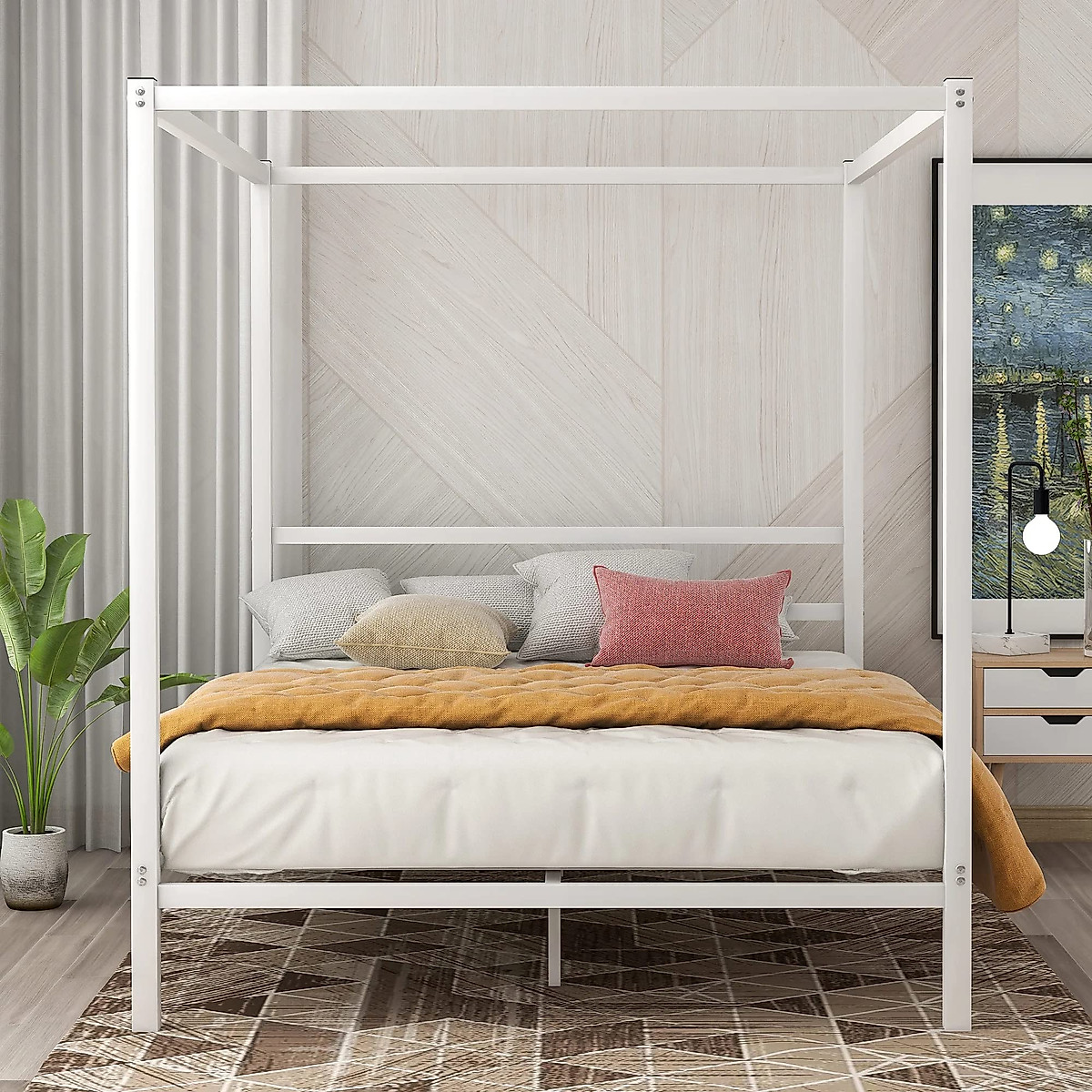 Metal Framed Canopy Platform Bed with Built-in Headboard,No Box Spring Needed, Classic Design, Queen,White