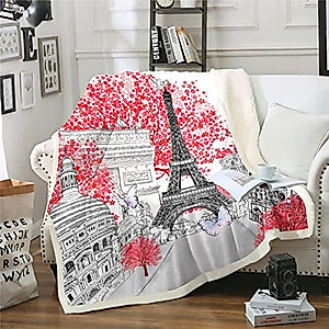 Eiffel Tower Blanket Red Cherry Blossom Fleece Blanket Girls Women Romantic City Building of Paris Throw Blanket Butterfly Flowers Leaning Tower of Pisa Fuzzy Blanket Paris Themed Sofa Decor 40"x50"