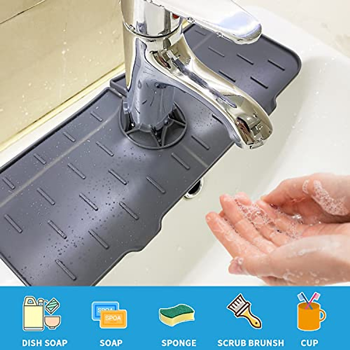 Silicone Sink Faucet Mat, Sink Splash Drain Drying Pad, Kitchen Sink Faucet Splash Guard, Faucet Mat for Kitchen Sink, Suitable for Kitchen, Bathroom, Bar(Black)
