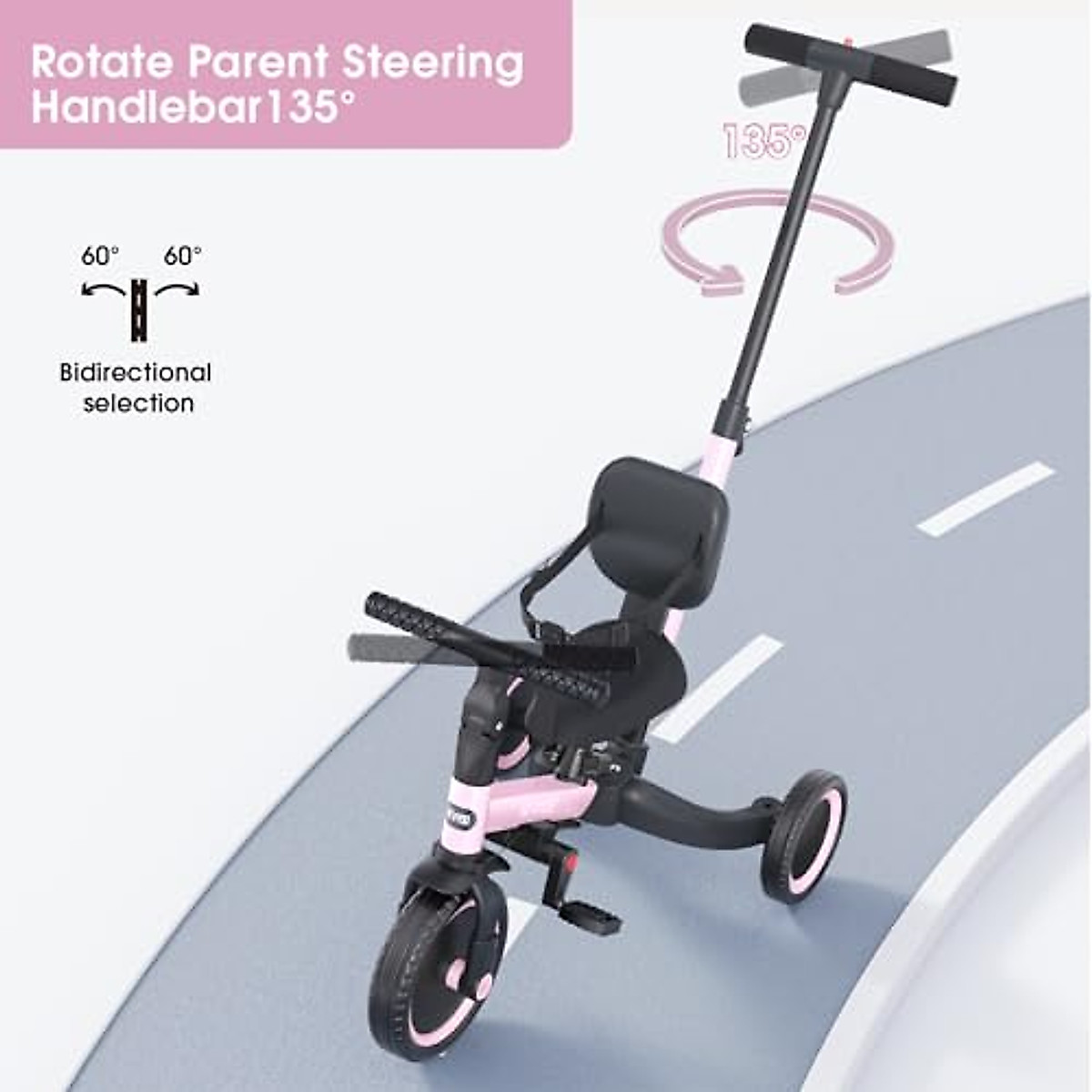 newyoo Toddler Tricycle,Toddler Bike,Birthday Gifts and Toys for 1-3 Year Old Boys and Girls, Trike with Push Handle, Backrest and Safety Belt, Balance Bike, TR007, Pink