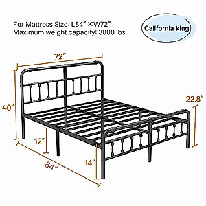 Hearicx California King Bed Frame with Headboard Footboard，Easy Assembly Heavy Duty Metal Platform with Premium Steel Slat Support，Noise-Free，12-Inch Under Bed Storage