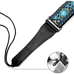 Guitar Strap, Vintage Embroidered Cotton Strap with Genuine Leather Ends for Acoustic and Electric Guitar, Bass Guitars