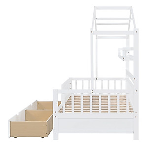 Bellemave Wooden Twin Size House Bed with 2 Drawers,Kids Twin Playhouse Platform Bed Frame with Storage Shelves,Montessori Bed for Kids Teens Girls & Boys (White)