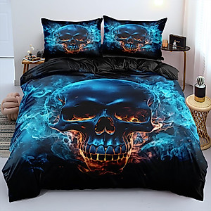 Holiyjog Blue Color Skull Duvet Cover Set King Size Gothic Comforter Cover with 2 Pillowcases Horror Bedding Set Goth Bed Set for Boys Bedroom