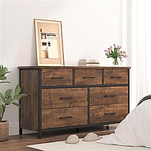 IKENO 7 Drawer Dresser for Bedroom, Industrial Wood Storage Dressers & Chests of Drawers with Sturdy Steel Frame, Storage Organizer for Bedroom Office Wood, Walnut