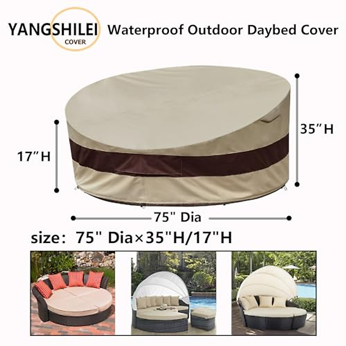 YANGSHILEI Outdoor Daybed Cover, 75 inch Patio Daybed Covers Waterproof,Round Daybed Covers,Patio Furniture Covers for Round Daybed Sofa, khaki