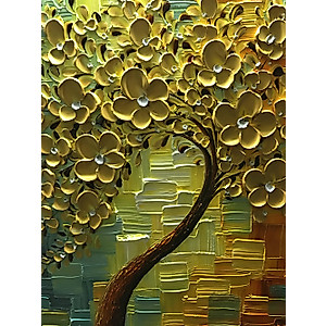 YaSheng Art - 3D Oil Paintings On Canvas Golden Flowers Tree Paintings Abstract Artwork Wall Art For living Room,Dinning Room Home Decor Framed Stretched Ready to Hang 24x24inch