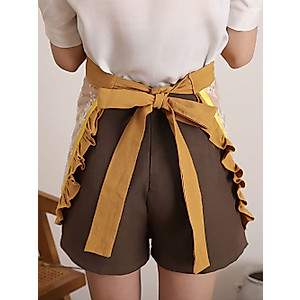 Floosum Lovely Waist Apron with 2 Pockets - Cotton Lace Embroidered Server Aprons Waitress Apron Half Bistro Short Apron for Womens Girls(Yellow)