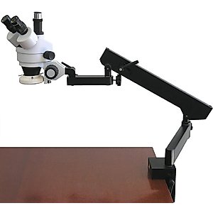 AmScope SM-6TX-FRL Professional Trinocular Stereo Zoom Microscope, WH10x Eyepieces, 3.5X-45X Magnification, 0.7X-4.5X Zoom Objective, 8W Fluorescent Ring Light, Clamping Articulating Arm Stand 110V-120V, Includes 0.5X Barlow Lens