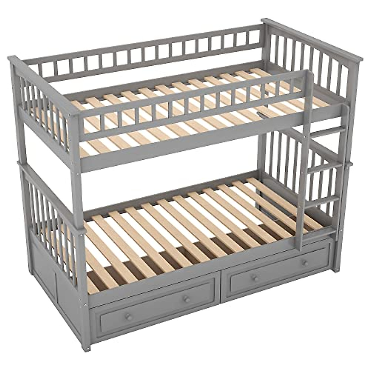 RUNWON Twin Over Twin Wood Bunk Bed with Storage Drawers and Full Length Safety Guard Rails for Kids Adults, Can Be Converted into 2 Beds