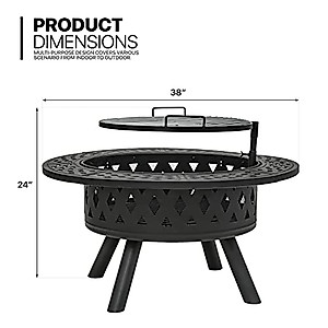 MoNiBloom 38" Wood Burning Fire Pit Metal Backyard Patio Round Table Outdoor Heating and Cooking Grill Rack Grate for Garden Picnic Camping Bonfire, Black