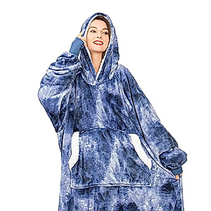 Drewin Wearable Blanket Sweatshirt for Women Men, Oversize Sherpa Fleece Blanket Hoodie with Huge Pocket & Elastic Sleeves, Fuzzy Warm Flannel Hooded Blanket for Adult Winter Gift, Blue&White