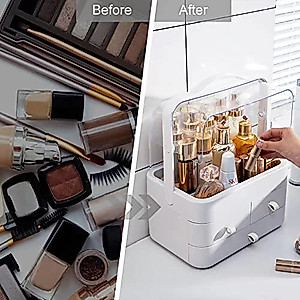 Clear Makeup Organizer, Large Cosmetic Storage Box with Covered, Dustproof & Waterproof, Display Case for Bathroom, Dresser, Countertop, Gift(White-XL)