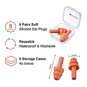 Lakayee Reusable Silicone Ear Plugs, 6 Pairs Waterproof Noise Reduction Earplugs Sound Canceling Ear Plugs for Sleeping Snoring Swimming Shooting Hunting Traveling Concerts Musicians with Carry Cases