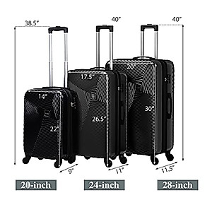 VLIVE HardShell Luggage Set with Spinner Wheel, 3 Pieces Suitcase Set with TSA Lock, Expandable Travel Suitcase Set (Black)